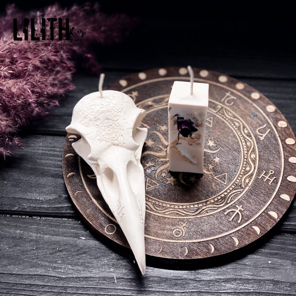 Raven Skull Beeswax Ritual Candle with Occult Symbols - Lilith Magic ...