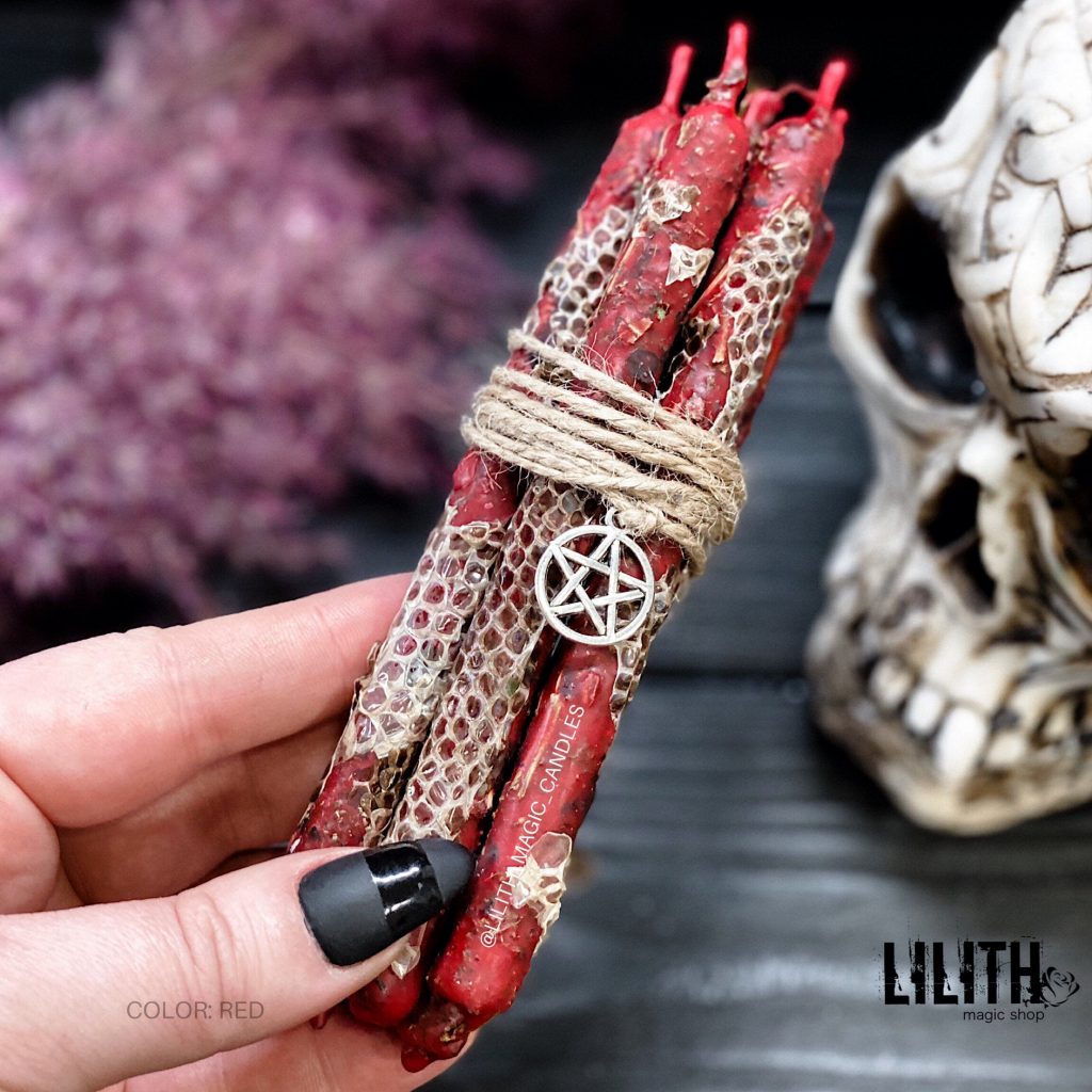 Set of 5 Red Ritual Intention Beeswax Candles with Snake Skin, Herbs ...