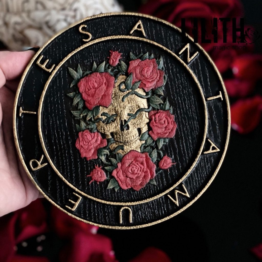Santa Muerte Wooden Ash Tree Altar Pentacle - Lilith Magic Candles
