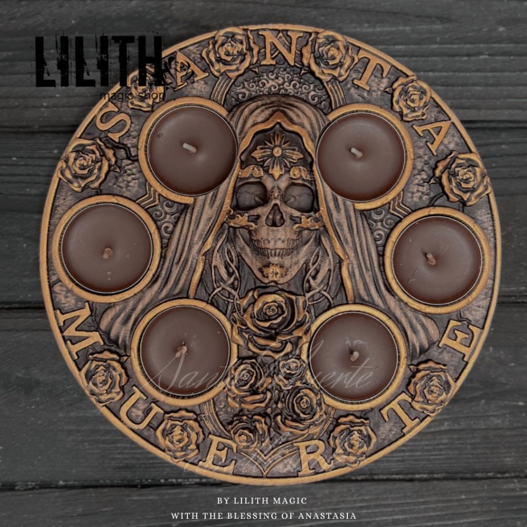 Wooden Santa Muerte Candleholder Pentacle - Lilith Magic Candles